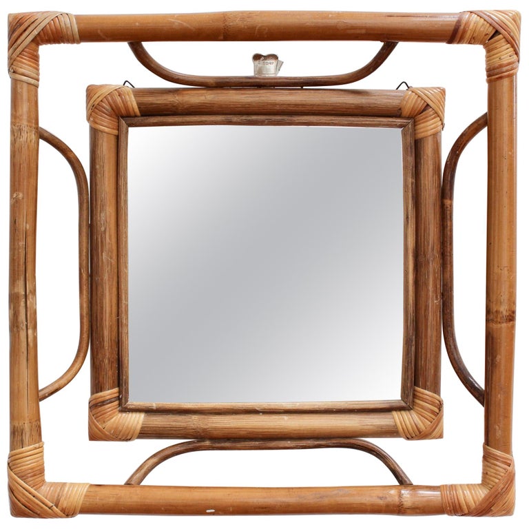 Mid-Century French Indochine-Style Bamboo and Rattan Wall Mirror (circ ...