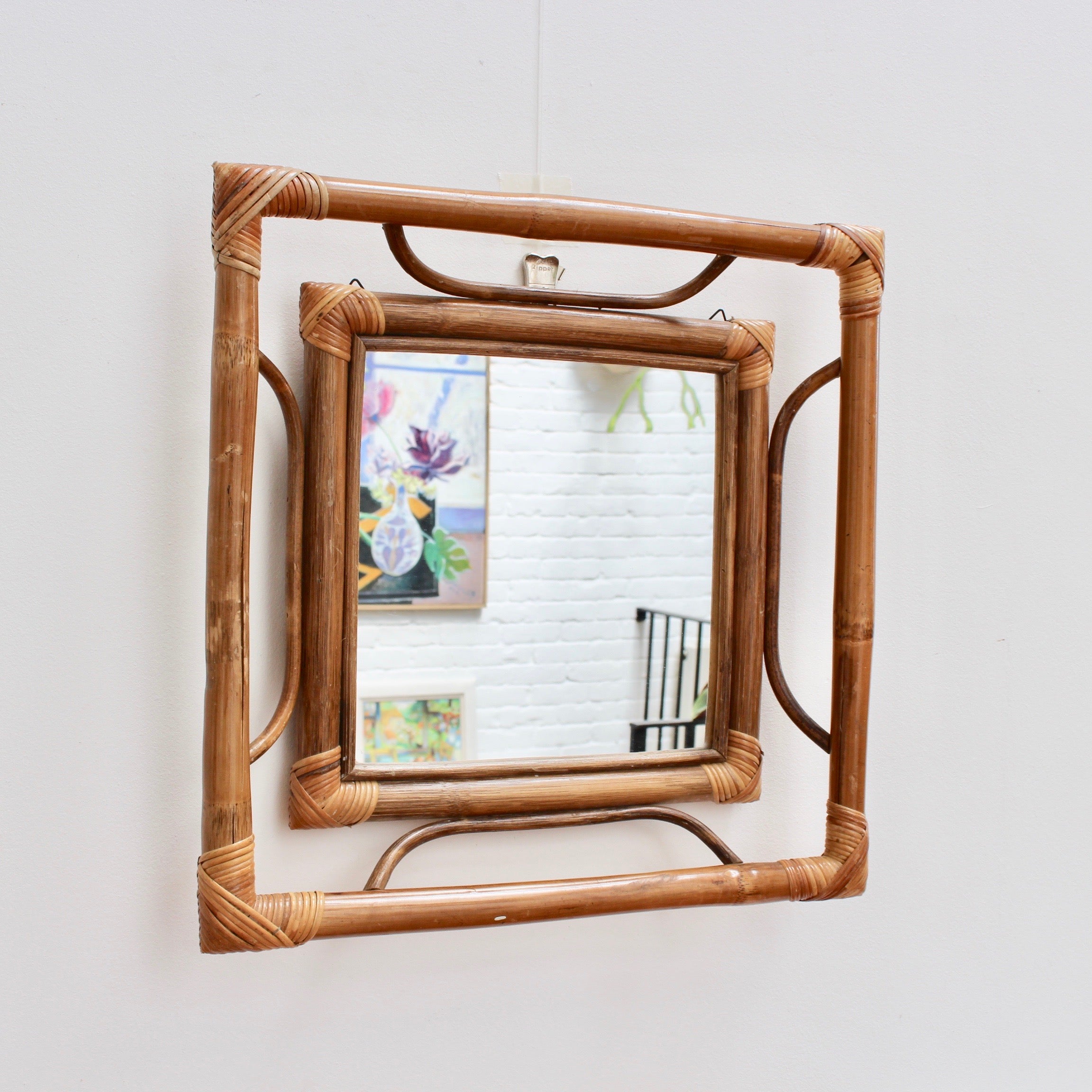 Mid-Century French Indochine-Style Bamboo and Rattan Wall Mirror (circ ...